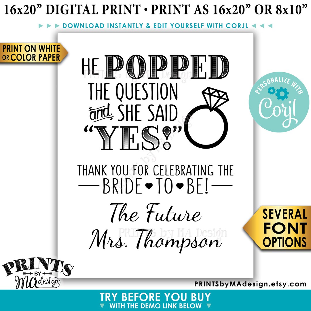 Bridal Shower Sign, He Popped the Question & She Said Yes Wedding ...