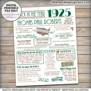 Back in the Year 1925 Birthday Sign, Flashback to 1925 Poster Board ...