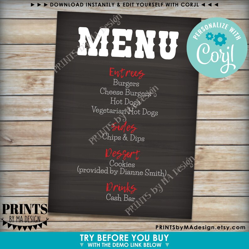 Editable Menu, PRINTABLE 5x7” Chalkboard Style Sign With Custom Colors ...