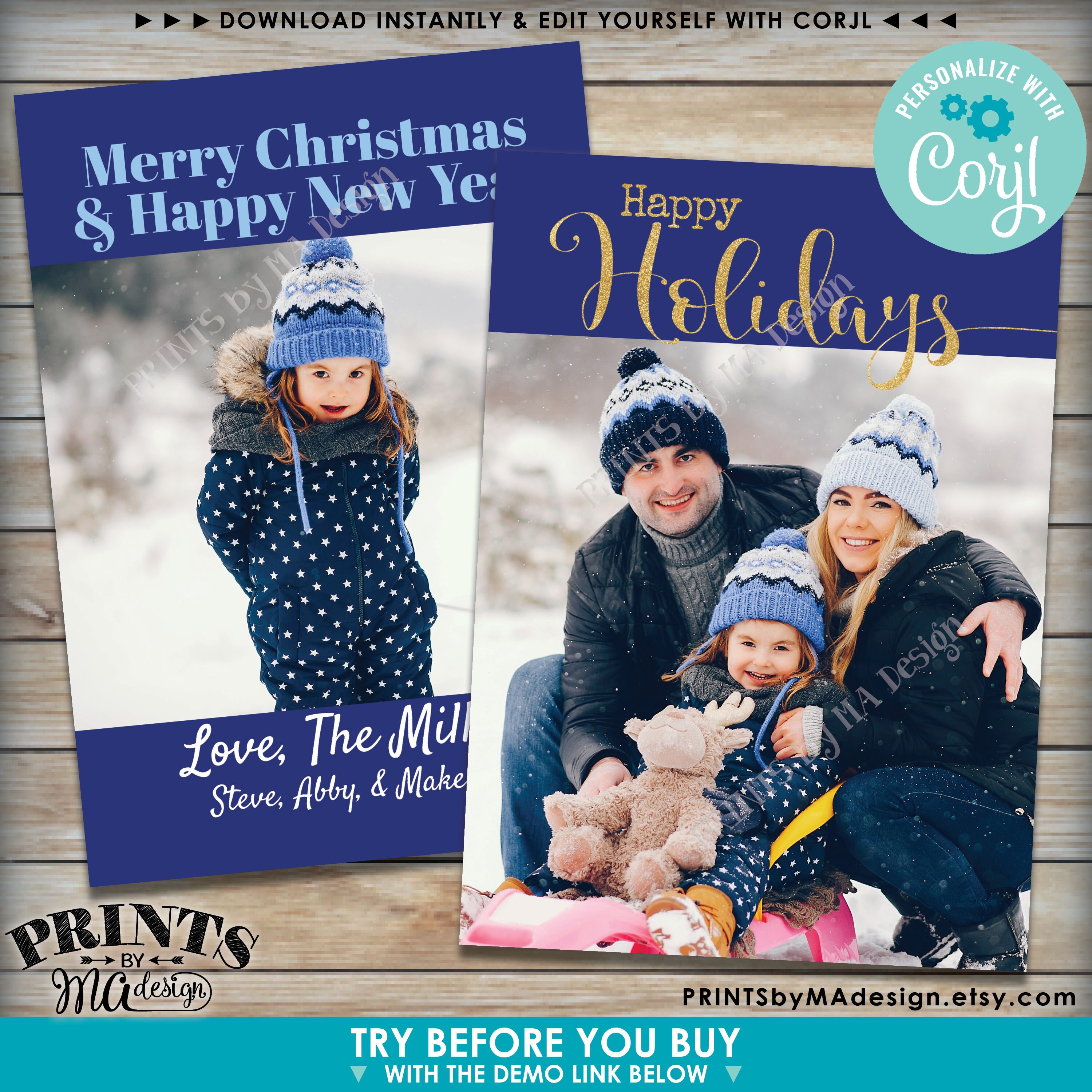 Custom Holiday Card With Photos Custom 2 sided PRINTABLE 5x7 X mas