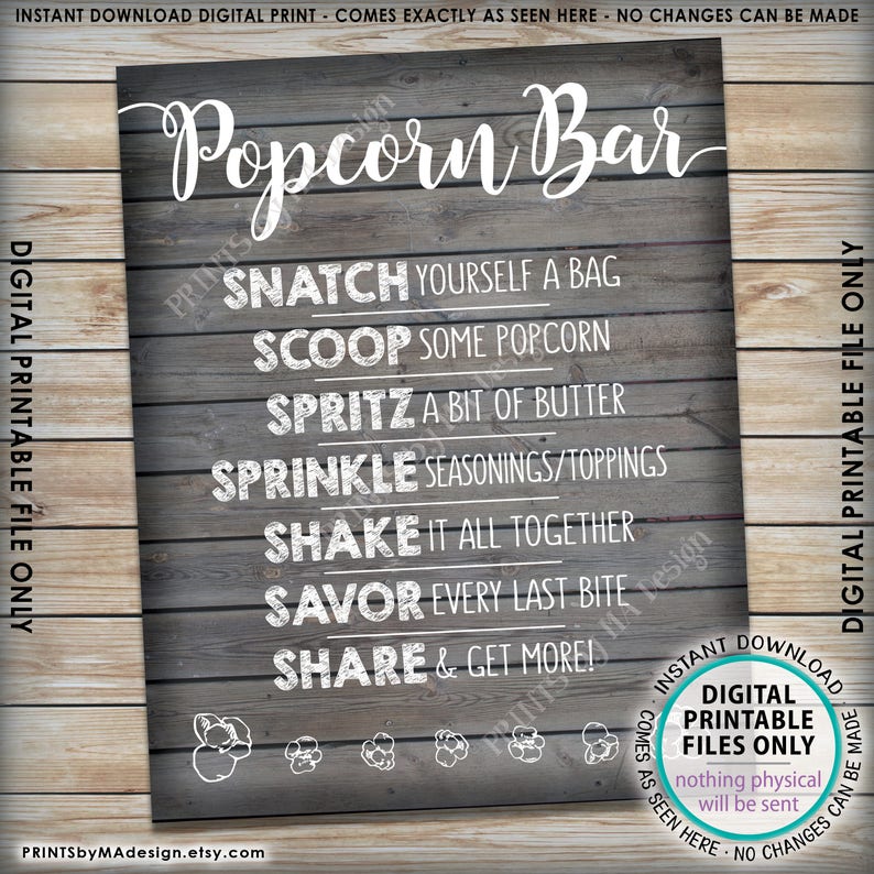 Popcorn Bar Sign Popcorn Toppings Popcorn Bar Directions - Etsy