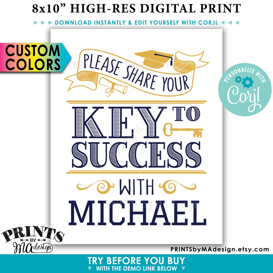 Graduation Key to Success Sign, PRINTABLE 8x10” Graduation Party ...