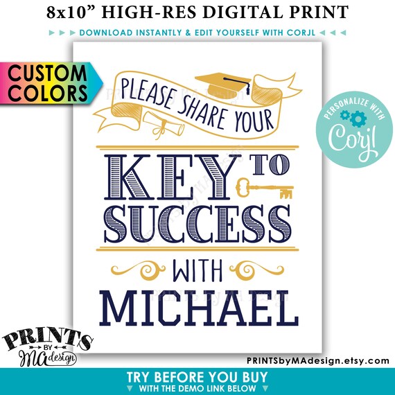 Graduation Key to Success Sign PRINTABLE 8x10 Graduation | Etsy