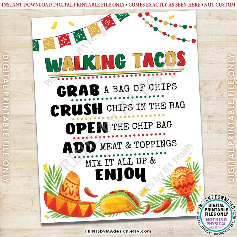 Walking Tacos Sign, Taco Bar Display, Cinco De Mayo Mexican Fiesta Menu ...