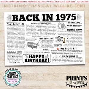 Back in 1975 Birthday Poster Decor, Flashback to 1975 Bday Decoration, 1975 Party, Dinner ...
