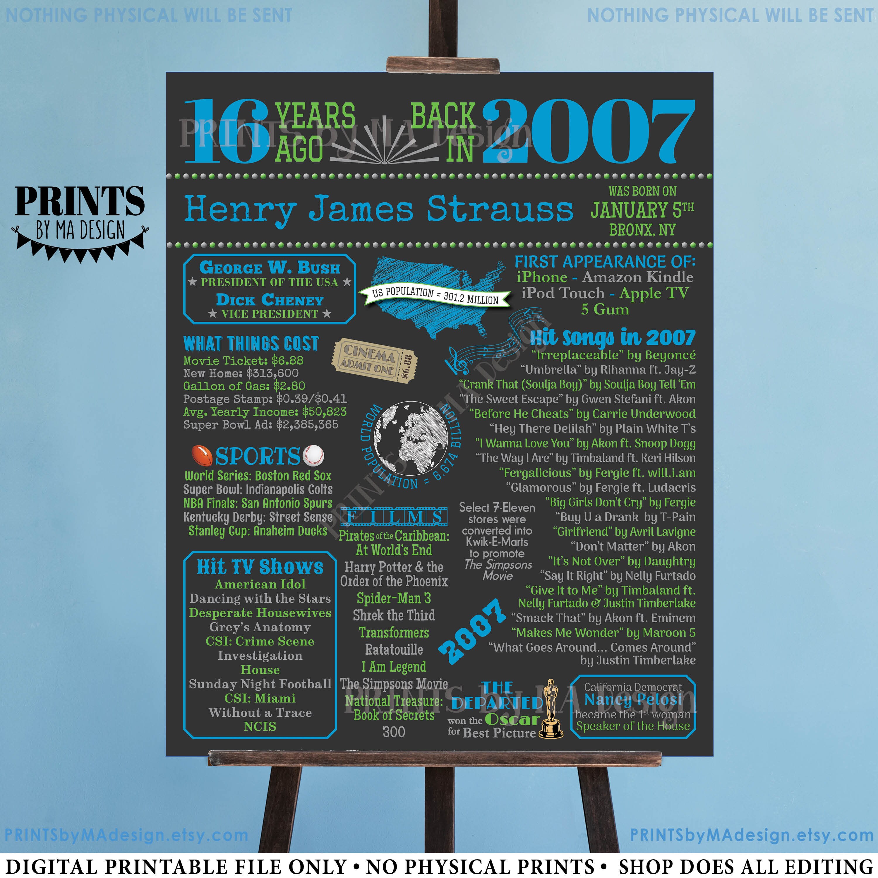 16th Birthday Poster Board, Born in 2007 Flashback 16 Years Ago B-day ...