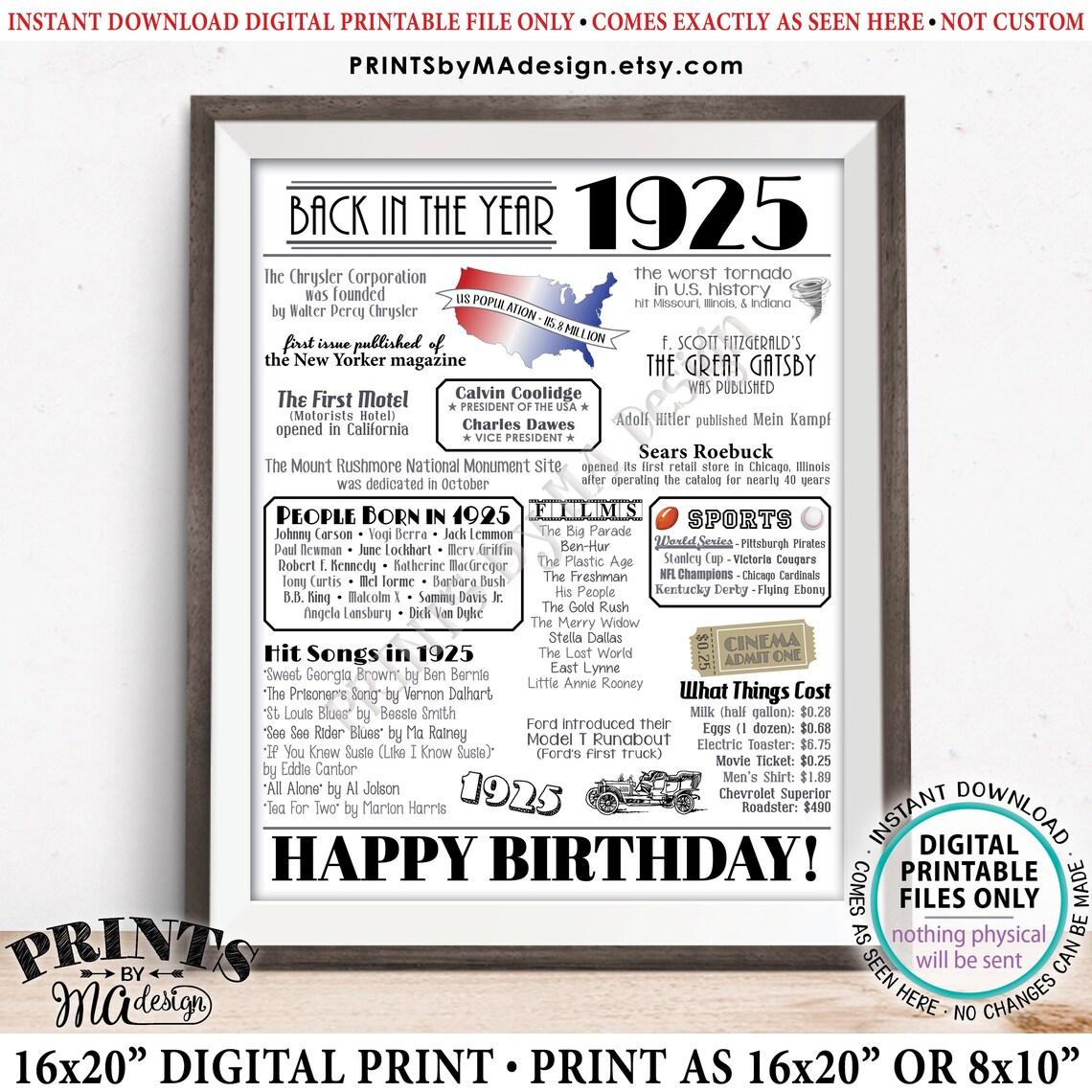 Born in the Year 1925 Flashback Poster Back in 1925 Sign | Etsy