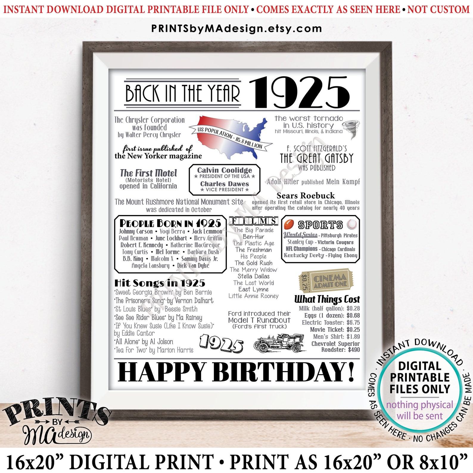 Born in the Year 1925 Flashback Poster, Back in 1925 Sign, Flashback to ...