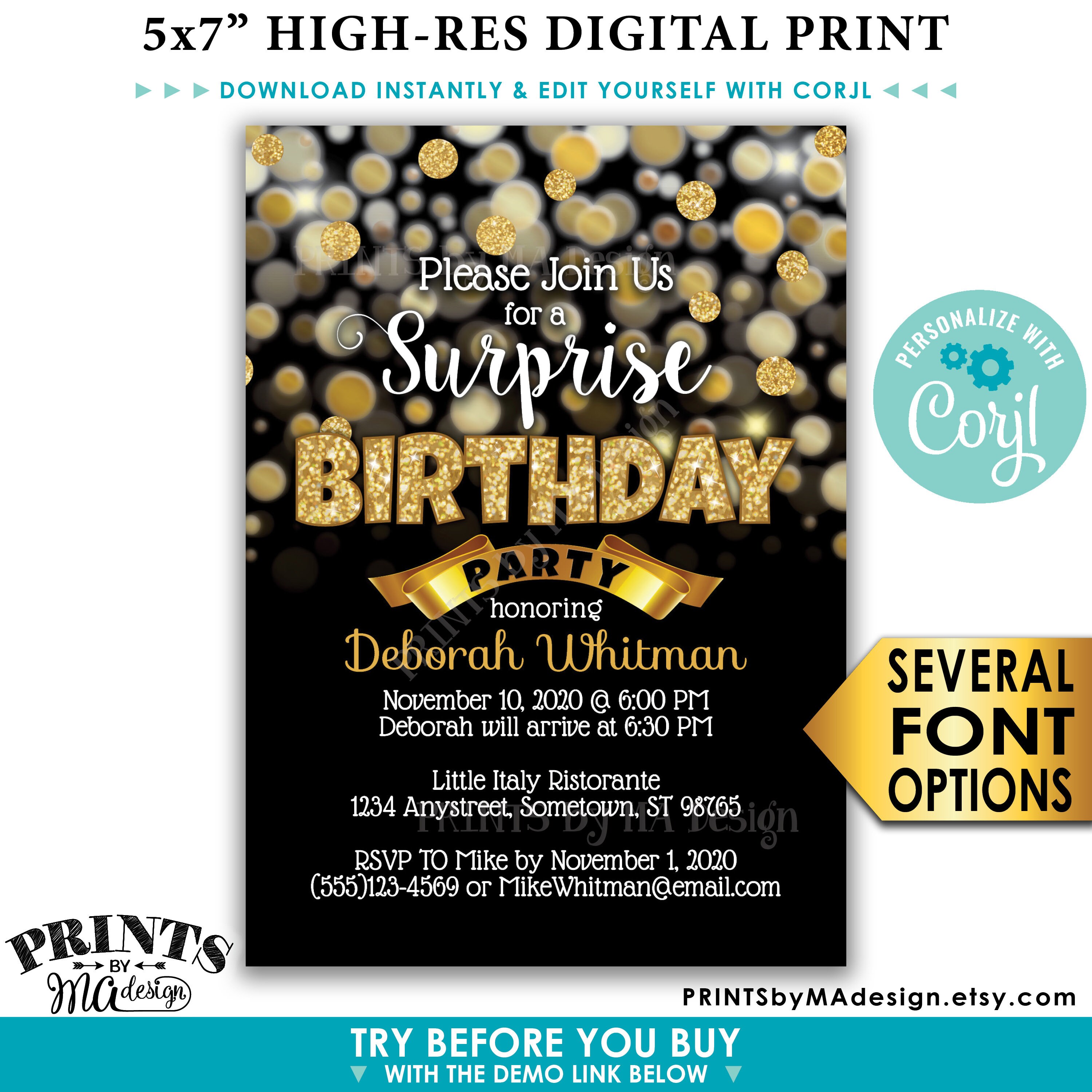 Surprise Birthday Party Invitation Black Gold Glitter Invite