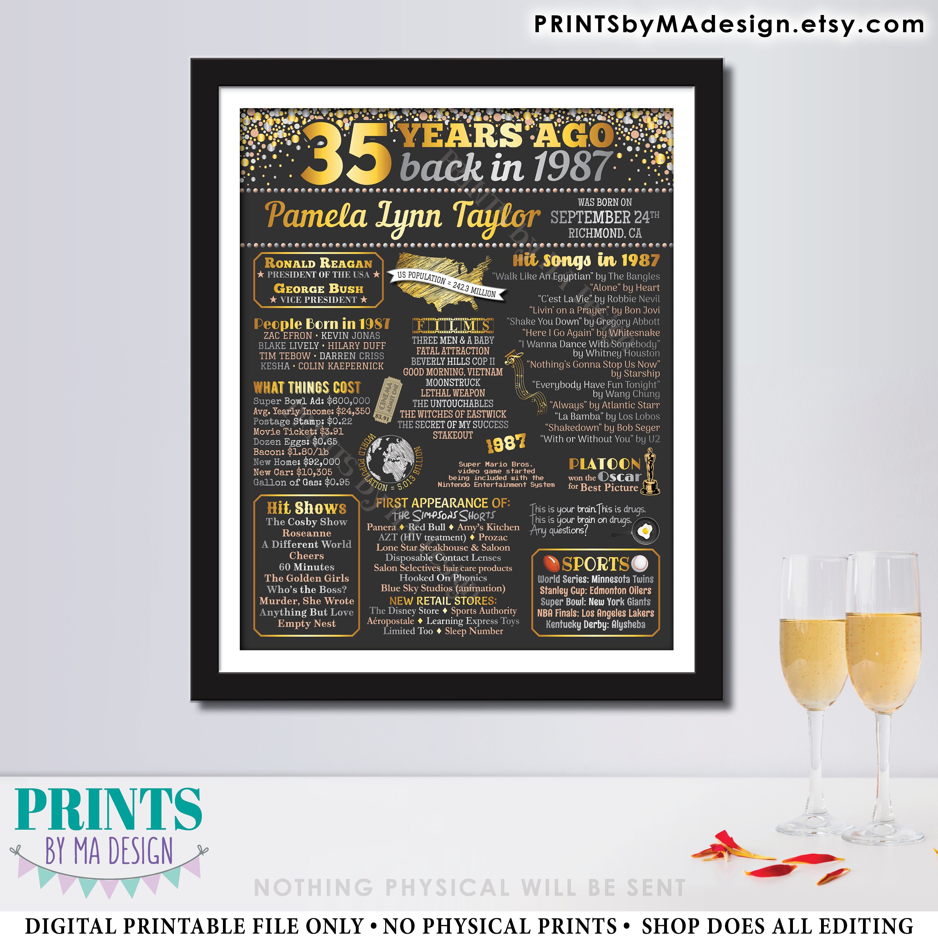 35th Birthday Poster Board, Born in 1987 Flashback 35 Years Ago B-day ...