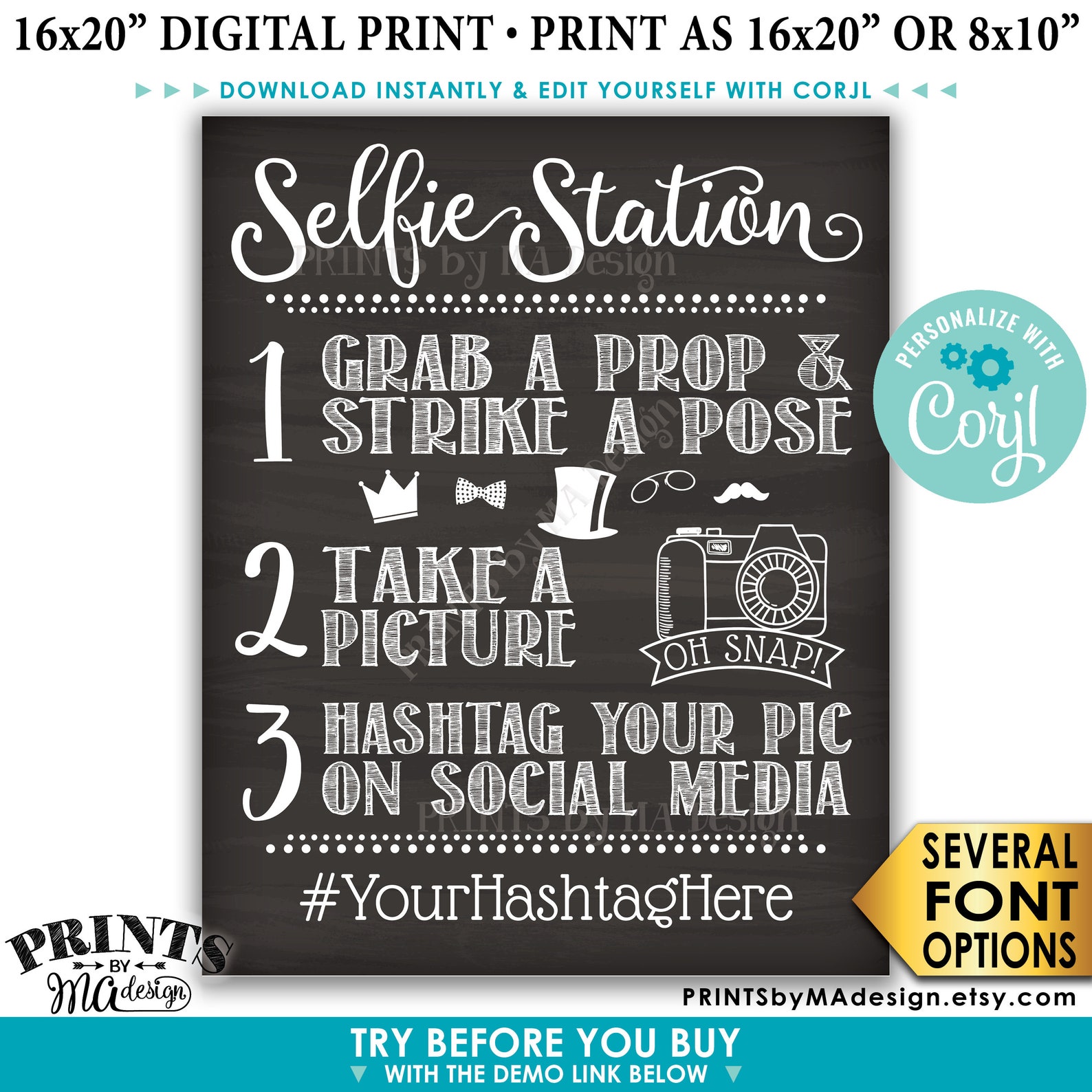 Selfie Station Sign, Share on Social Media, Custom PRINTABLE 8x10/16x20 ...