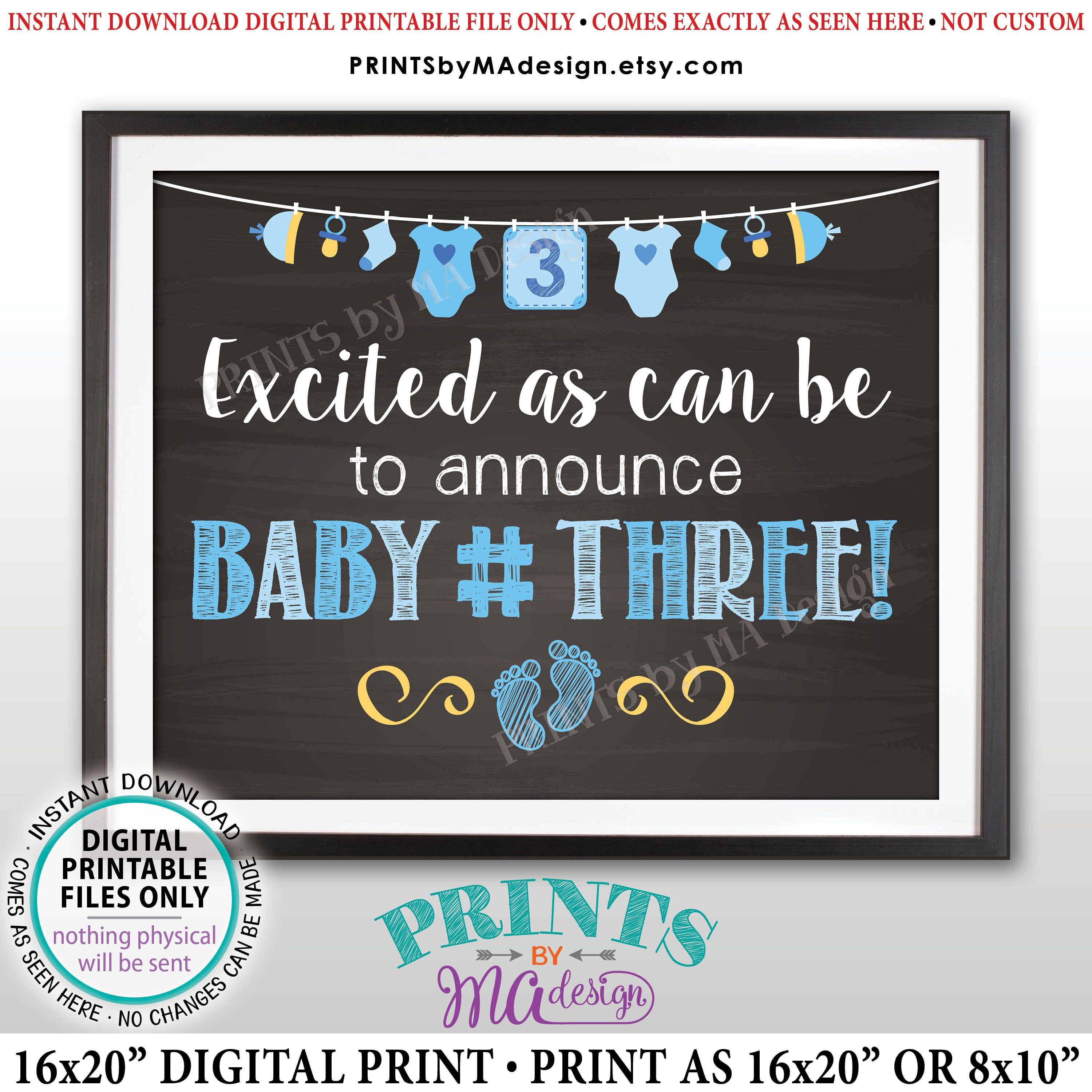 Baby Number 3 It's a BOY Gender Reveal Sign, Blue PRINTABLE 8x10/16x20 ...