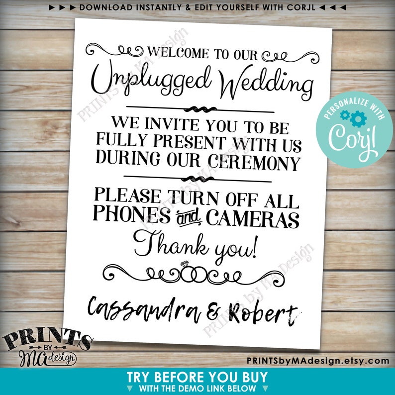 Unplugged Wedding Sign Please Turn off Phones & Cameras - Etsy
