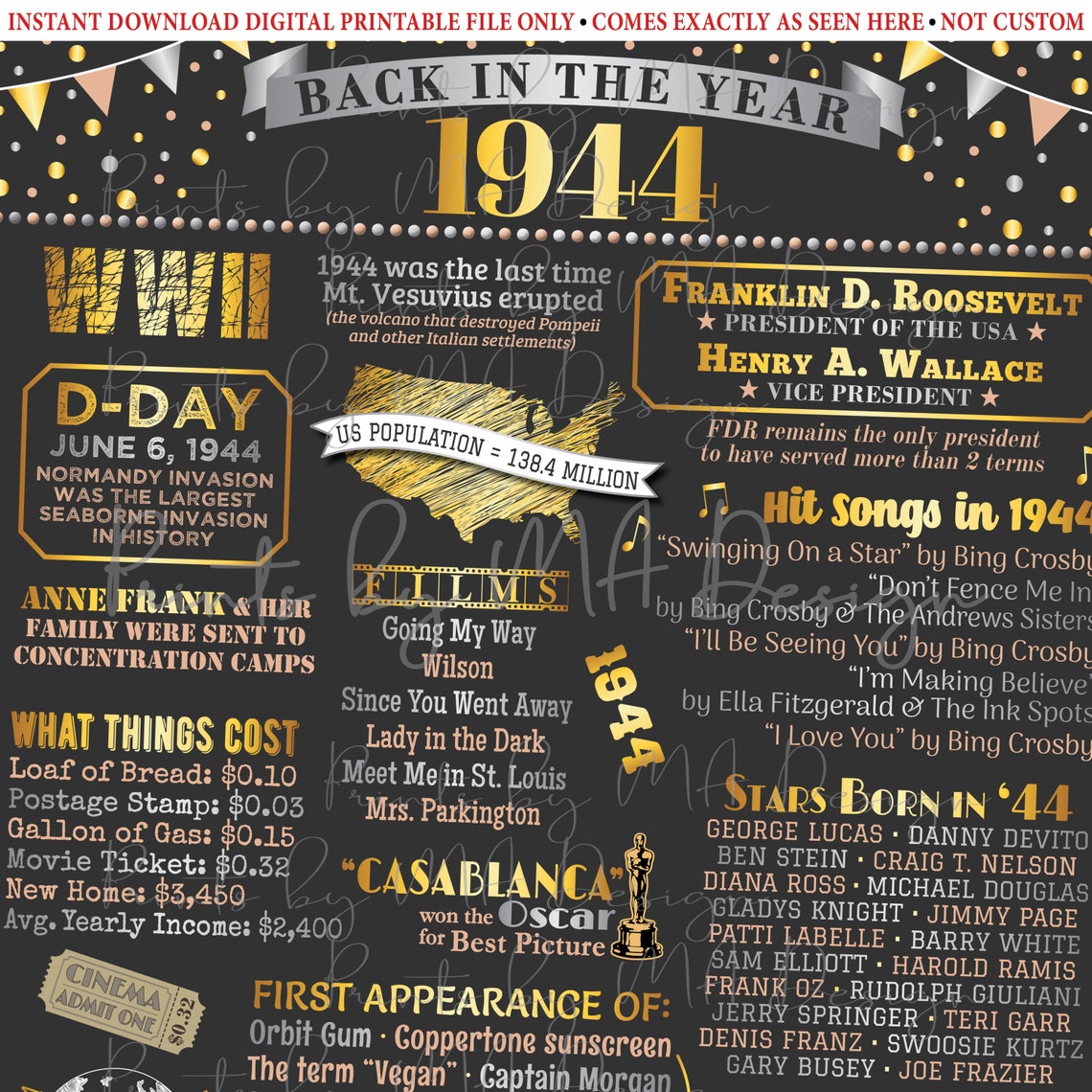 Back in the Year 1944 Birthday Sign, Flashback to 1944 Poster Board ...