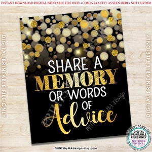 Share a Memory or Words of Advice Sign, PRINTABLE Black & Gold Glitter ...
