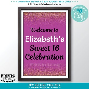 Editable Sweet 16 Party Sign, Welcome to the Sweet Sixteen Birthday ...