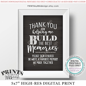 Sign a Block Sign, Thank You for Helping Me Build Memories, PRINTABLE ...