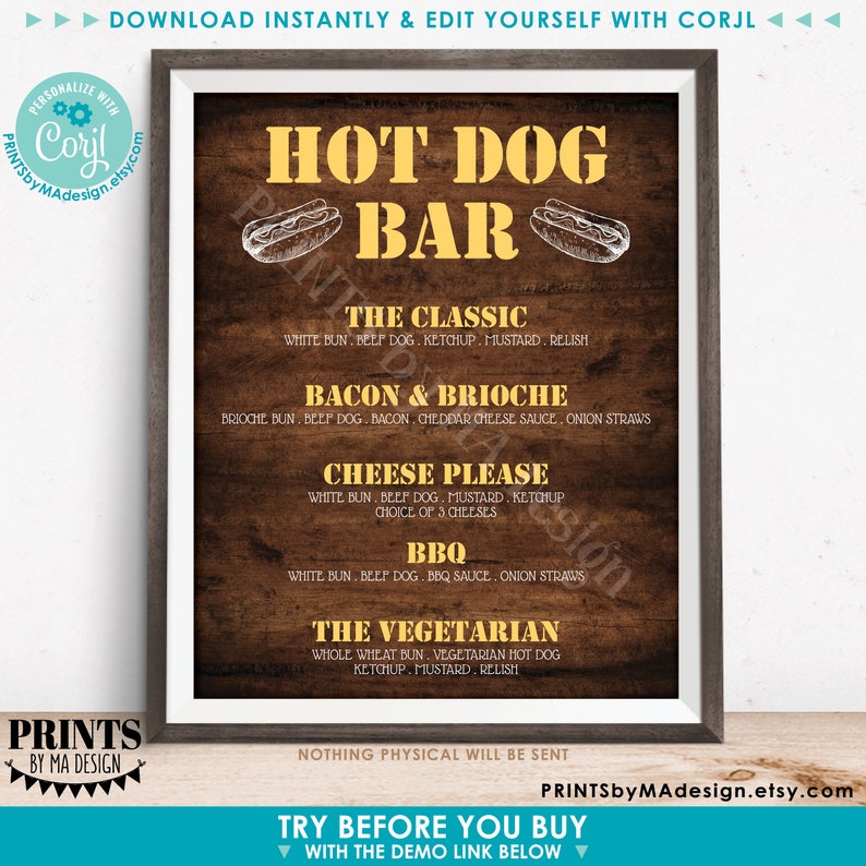 Editable Hot Dog Sign, Custom Hot Dog Bar Menu, Build a Frankfurter ...