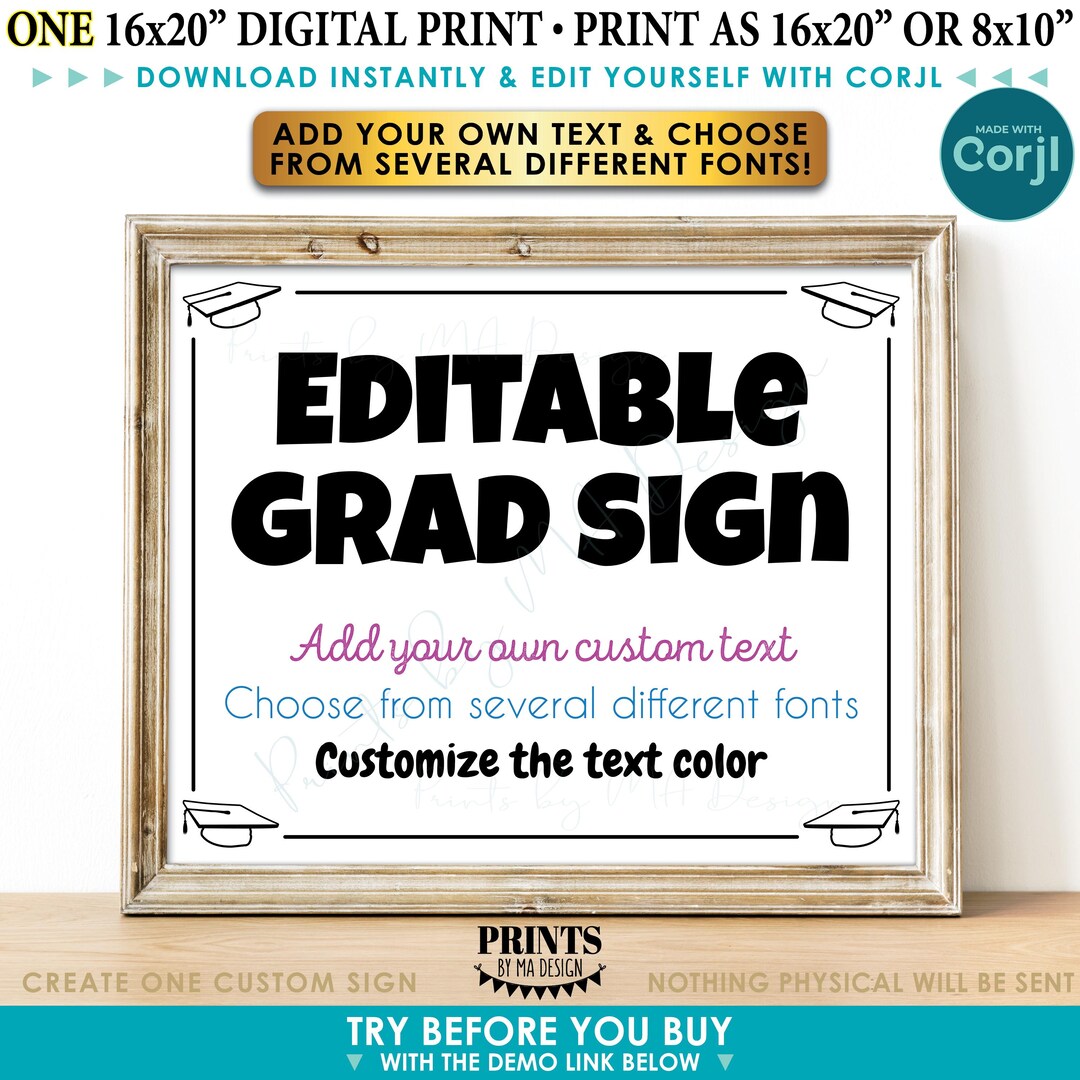 Custom Graduation Sign, Grad Cap Corners, Choose Your Text, One ...