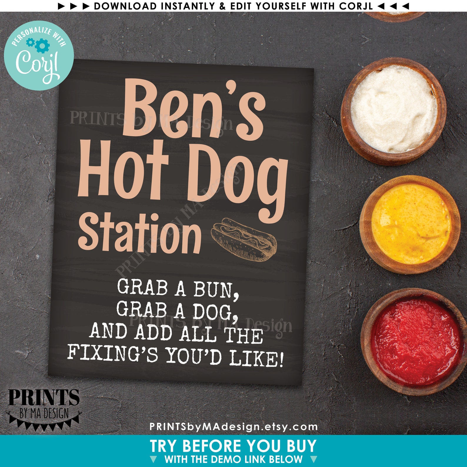 Editable Hot Dog Sign, Custom Hot Dog Bar Menu, Build a Frankfurter ...