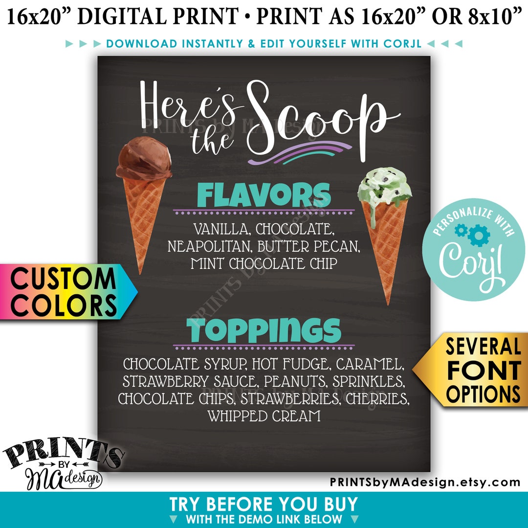 Ice Cream Flavors & Toppings Sign, Here's the Scoop Ice Cream Bar ...