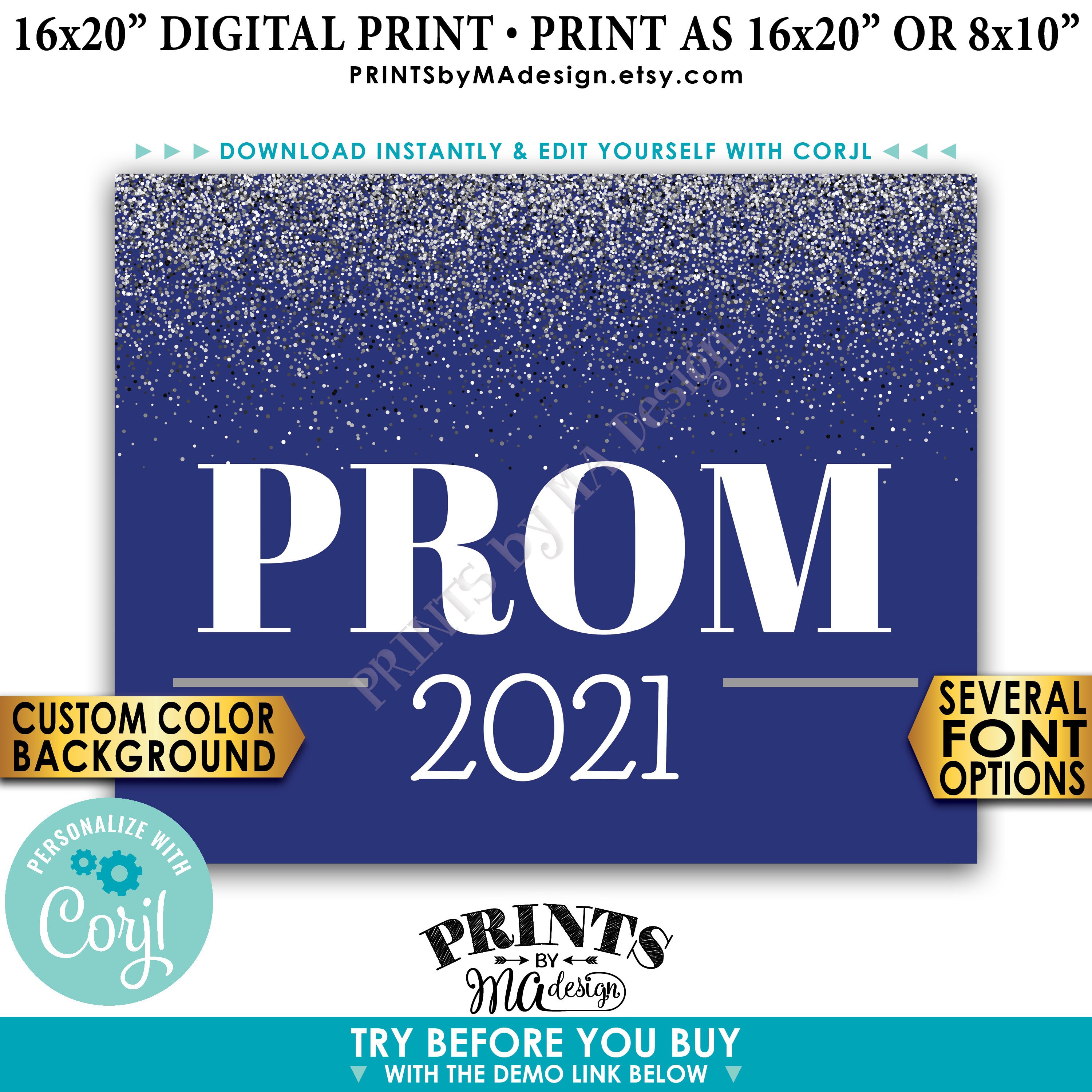Prom Sign, Custom Year & Background Color, Silver Glitter, PRINTABLE ...