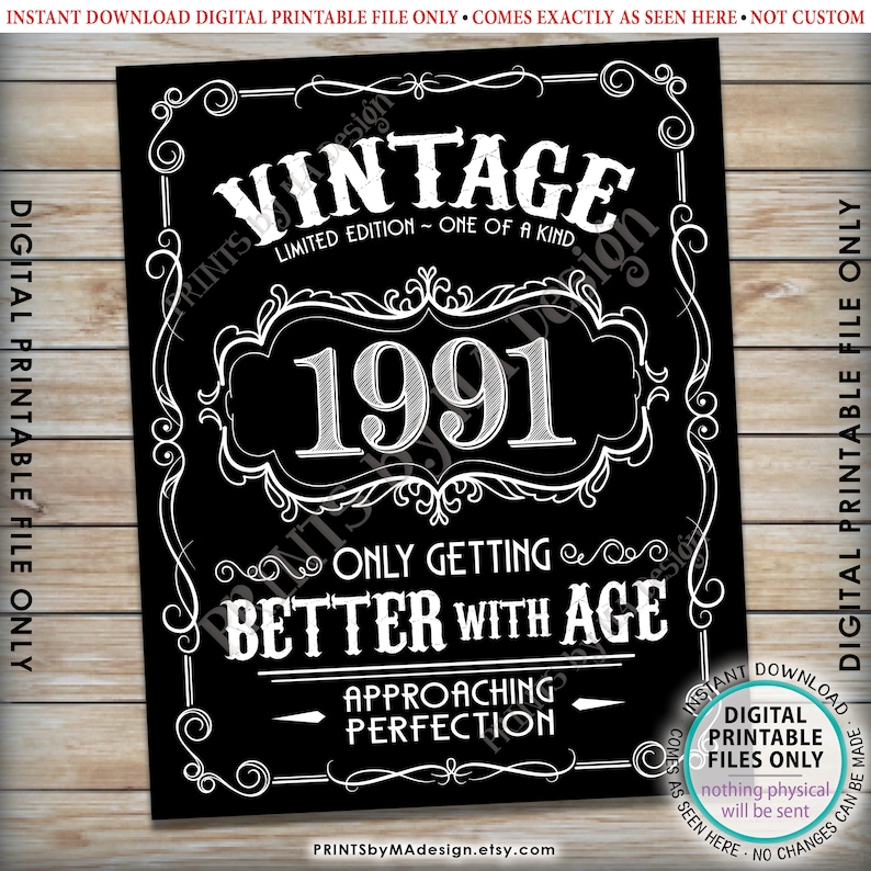 1991 Birthday Sign Better With Age Vintage Birthday Poster | Etsy