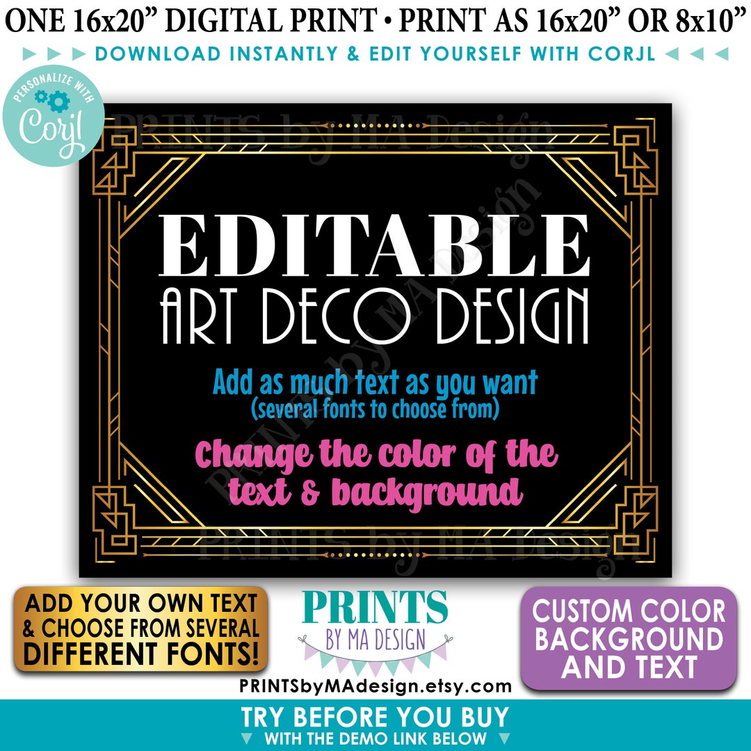 Editable Art Deco Sign, Roaring Twenties Great Gatsby Party, One Custom ...