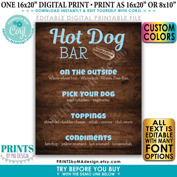 Editable Hot Dog Sign Custom Hot Dog Bar Menu Build a | Etsy