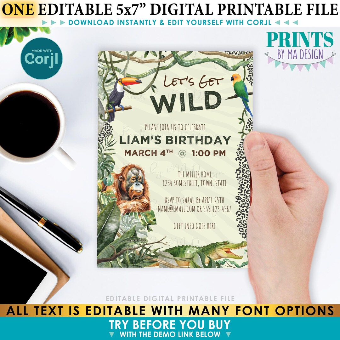 Editable Jungle Invitation, Safari Birthday Party Animals, Custom ...