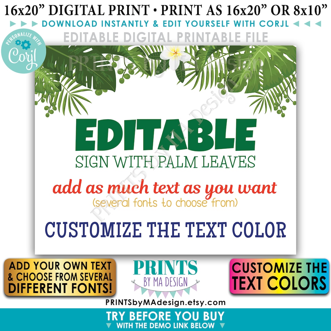 Custom Sign With Tropical Palm Leaves, Choose Your Text, PRINTABLE 8x10 ...