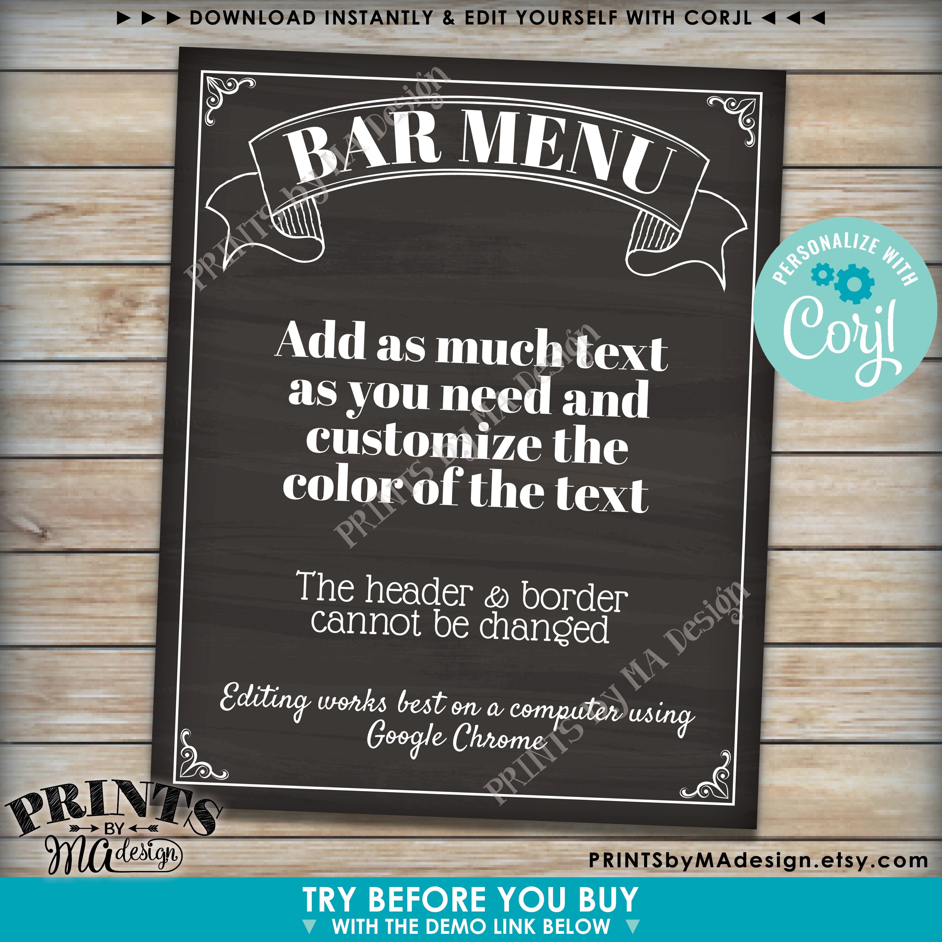 Bar Menu Sign Custom PRINTABLE 8x10 16x20 Chalkboard Style Drinks bar-menu-sign-custom-printable-8x10-16x20-chalkboard-style-drinks