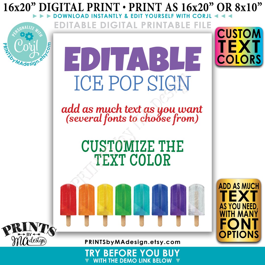 Editable Ice Pops Sign, One Custom PRINTABLE 8x10/16x20” Portrait Sign ...