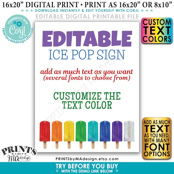 Editable Ice Pops Sign One Custom PRINTABLE 8x10/16x20 | Etsy