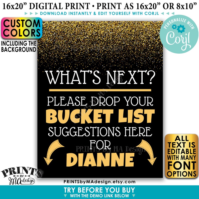 Editable Bucket List Sign Custom PRINTABLE 8x10/16x20 Bucket | Etsy