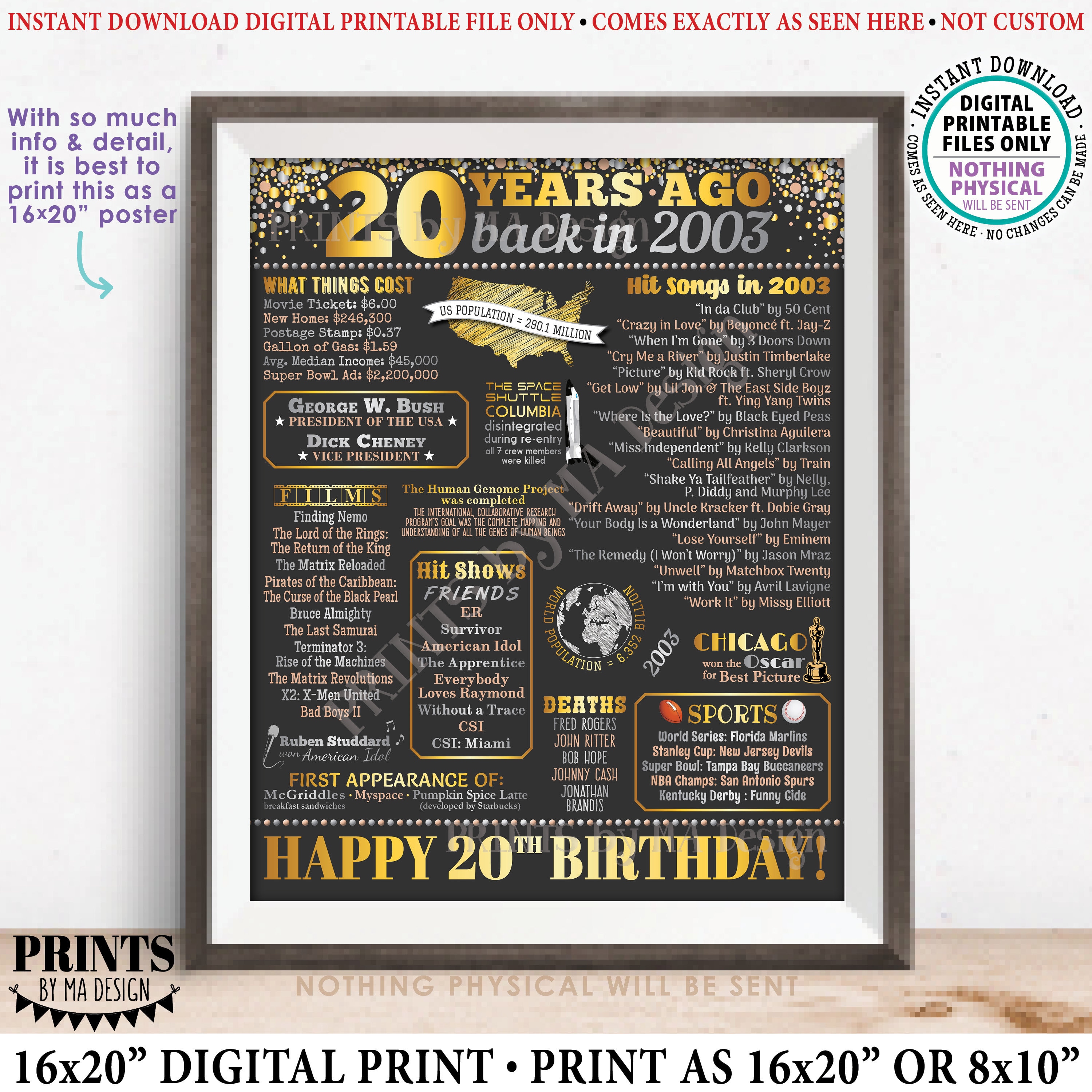 20th Birthday Poster Board, Born in the Year 2003 Flashback 20 Years ...