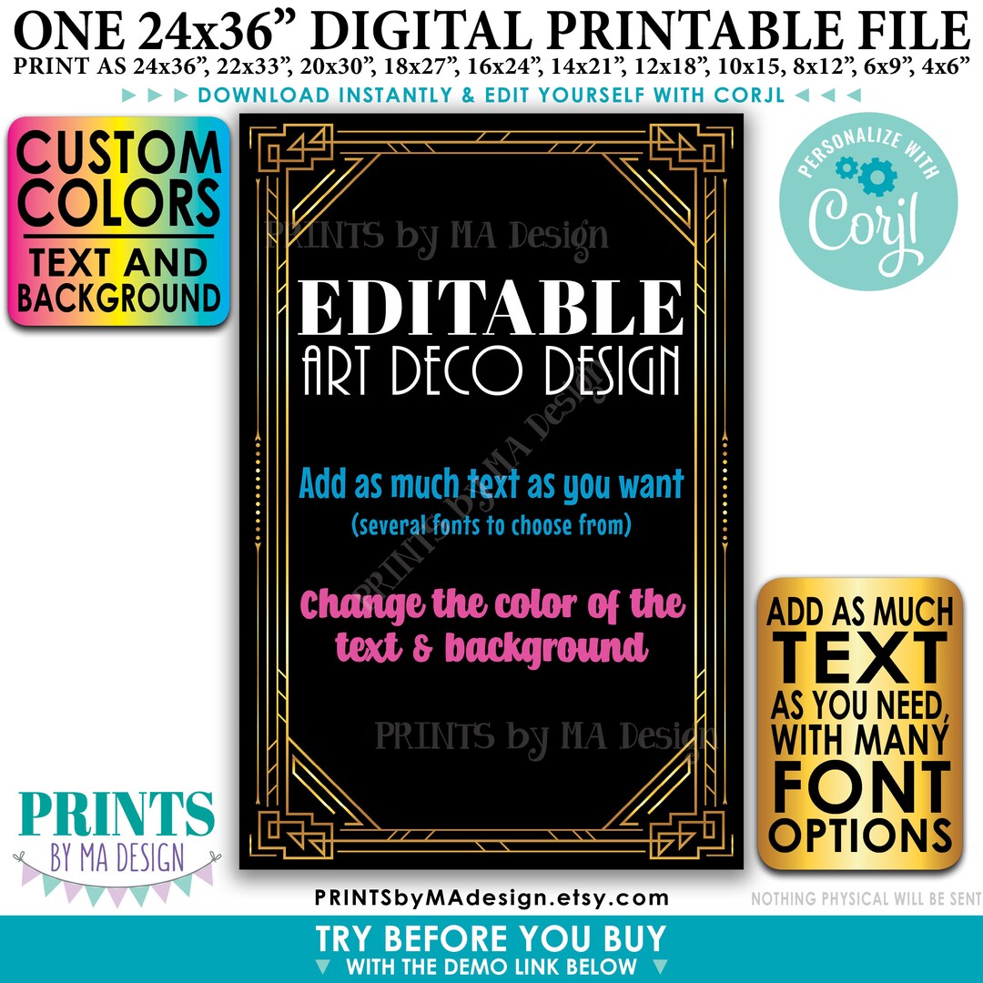 Editable Art Deco Sign, Roaring Twenties Great Gatsby Party, One Custom ...
