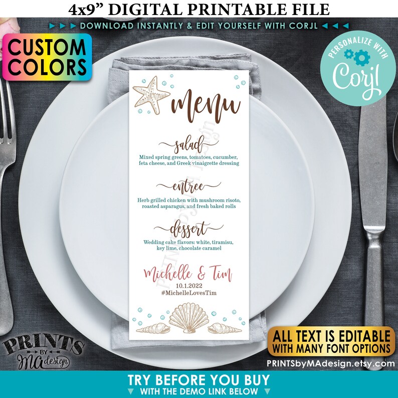 Custom Beach Wedding Menu With a Seashell Design PRINTABLE - Etsy