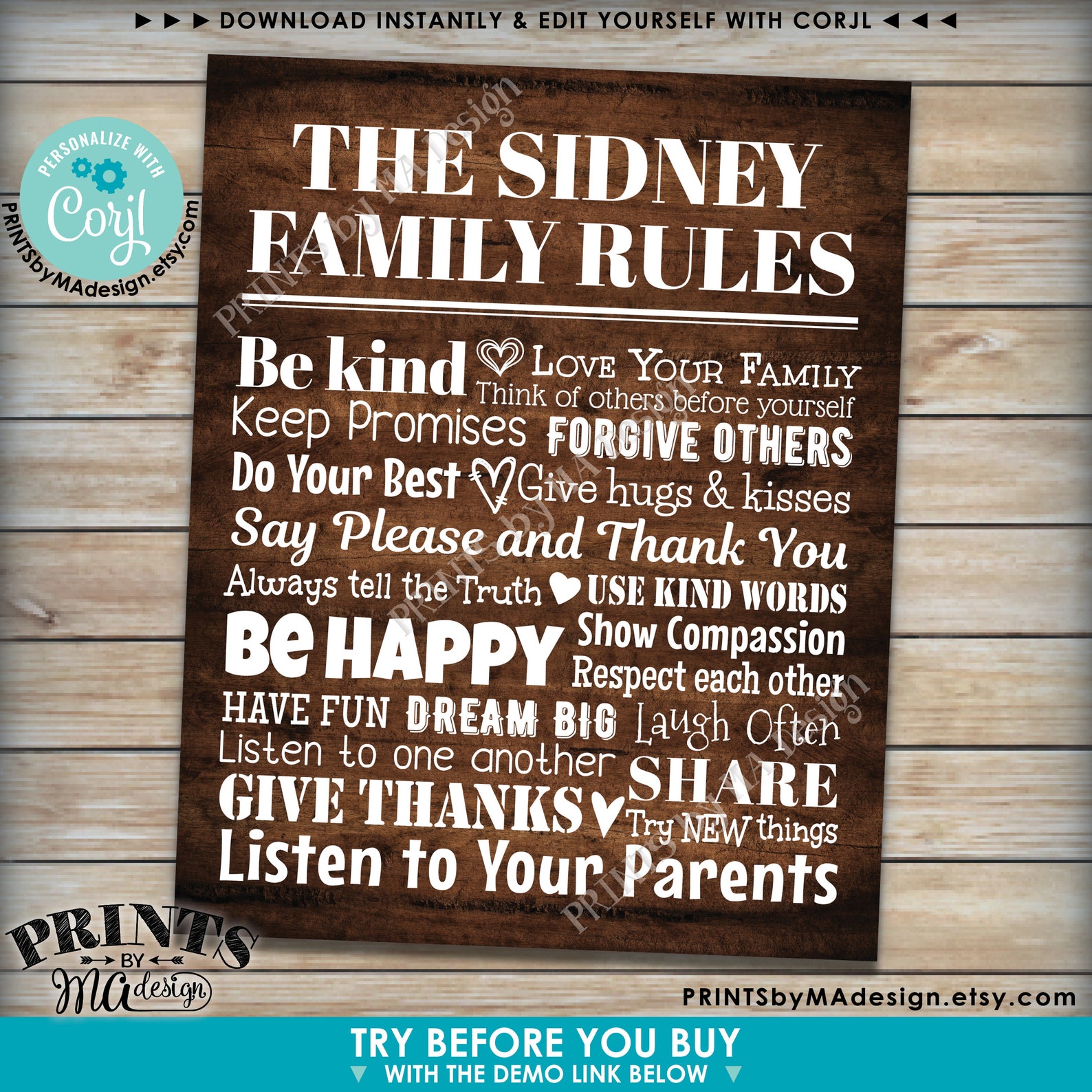 Editable Family Rules Sign, Family Wall Art, House Rules, Custom ...