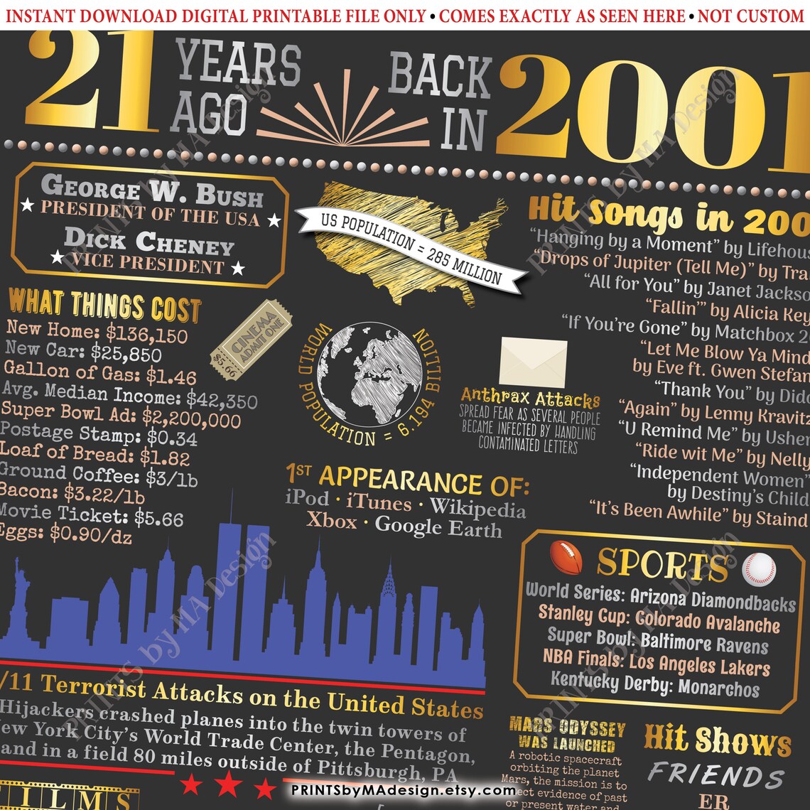 21st Birthday Poster Board Born in the Year 2001 Flashback 21 | Etsy