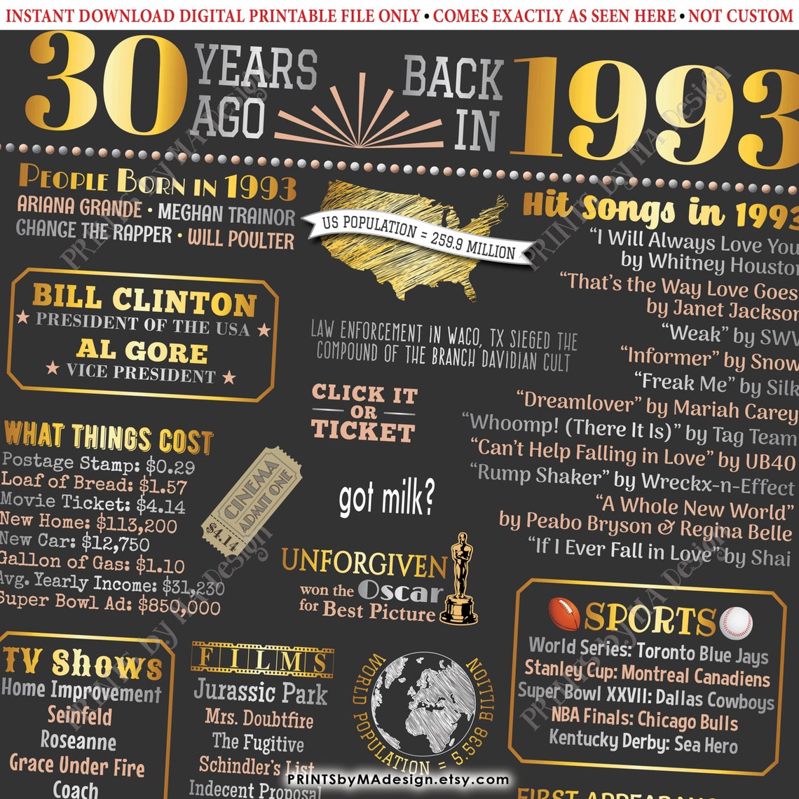 30th Birthday Poster Board Born in the Year 1993 Flashback 30 - Etsy