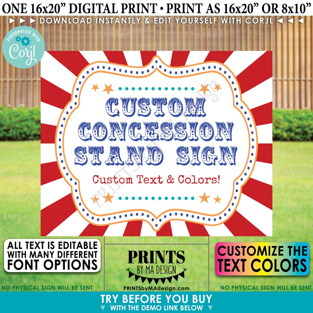 Carnival Concession Stand Sign, Circus Festival, Birthday Party, Custom ...