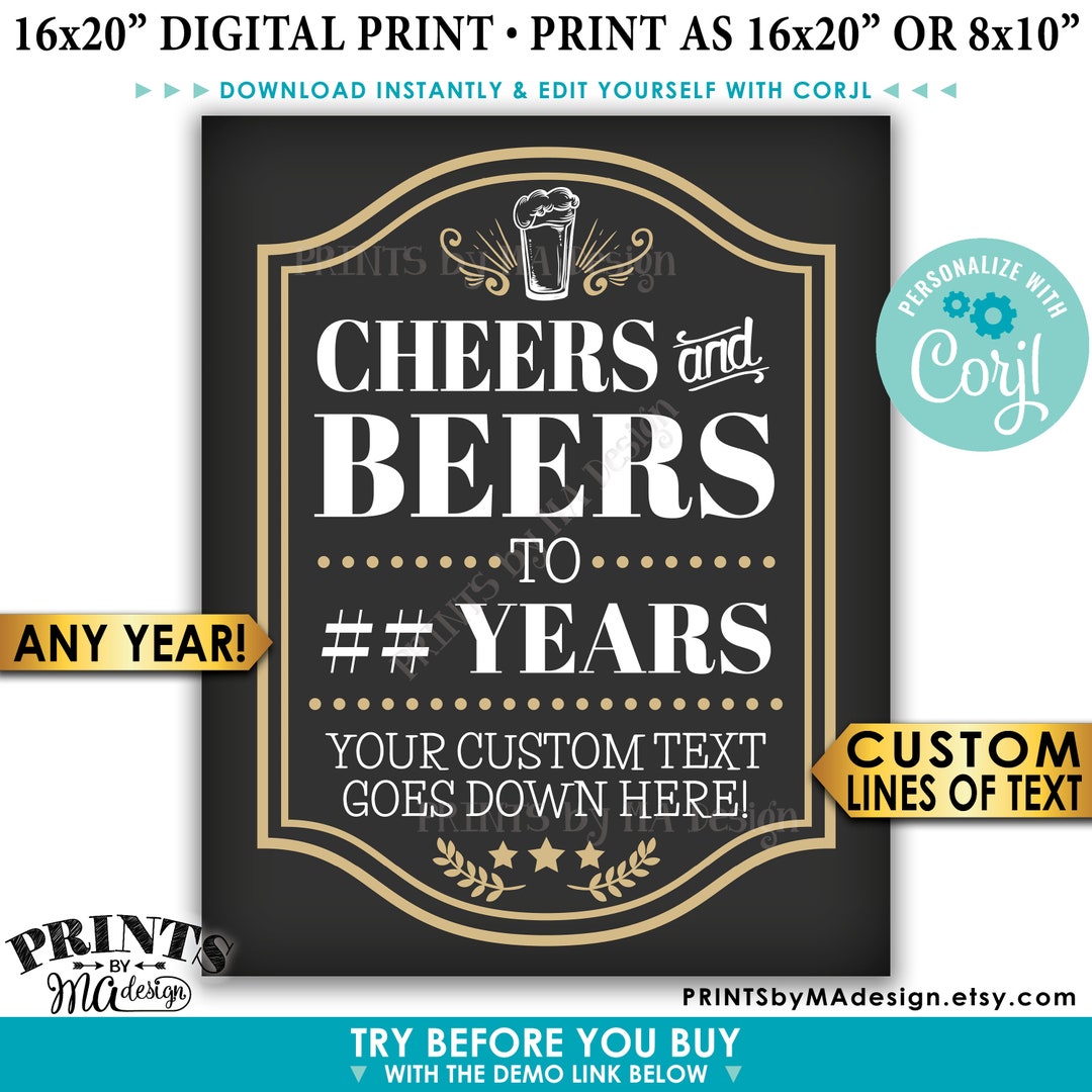 Cheers and Beers Sign, Cheers to Years, Birthday or Retirement ...