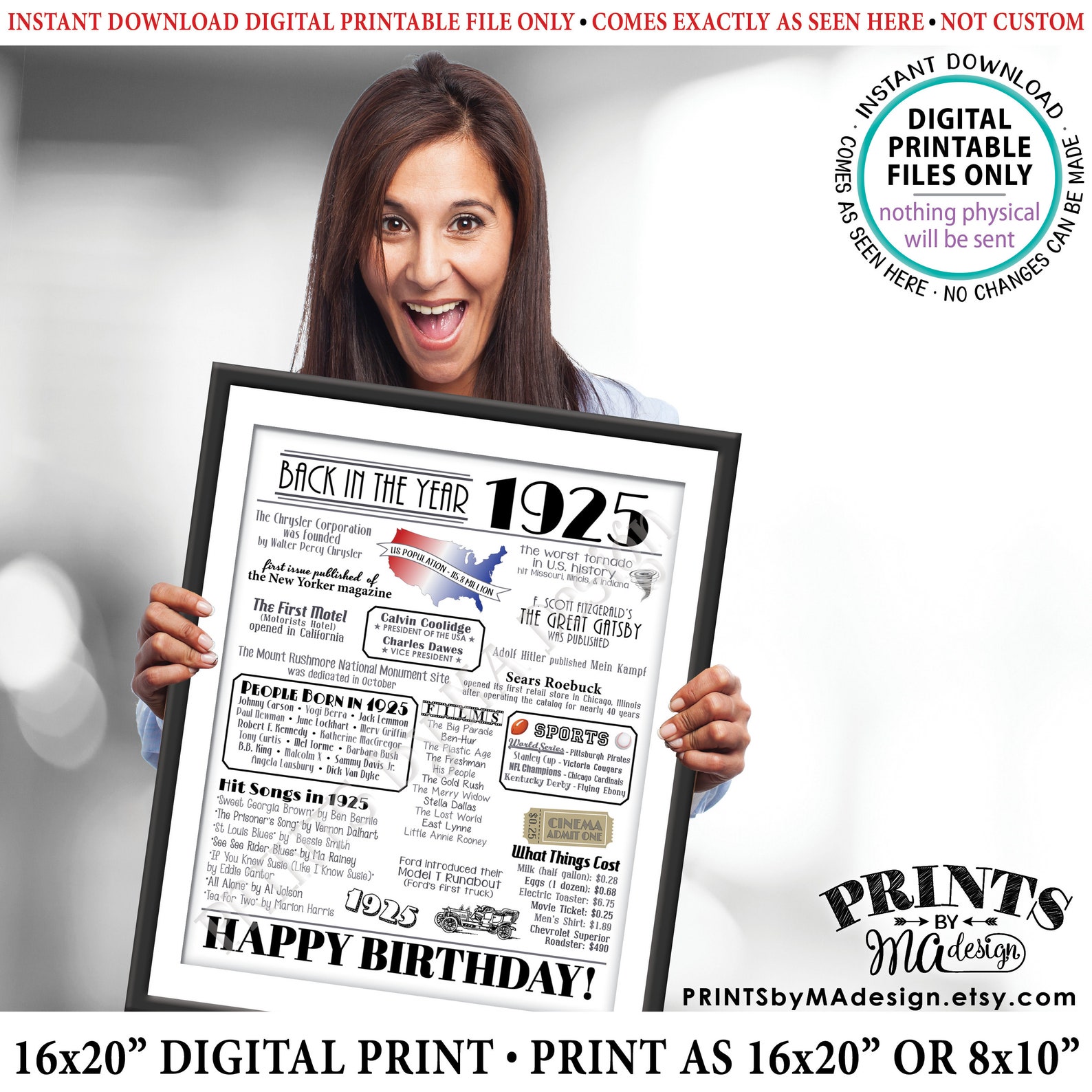 Born in the Year 1925 Flashback Poster Back in 1925 Sign | Etsy