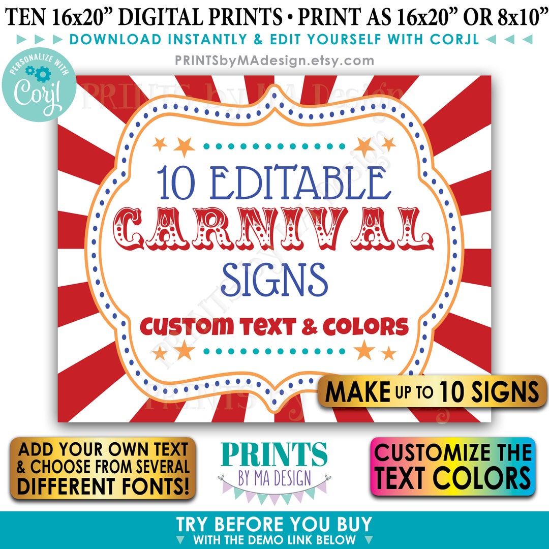 Editable Carnival Signs, Circus Theme Party, Birthday, Make up to 10 ...