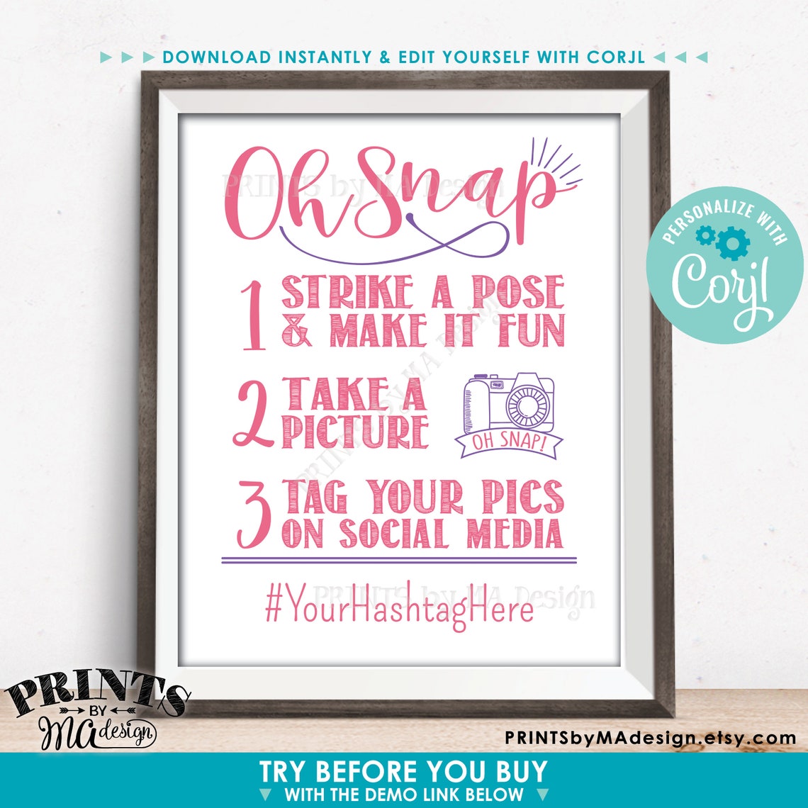 Oh Snap Hashtag Sign Share Photos on Social Media PRINTABLE - Etsy