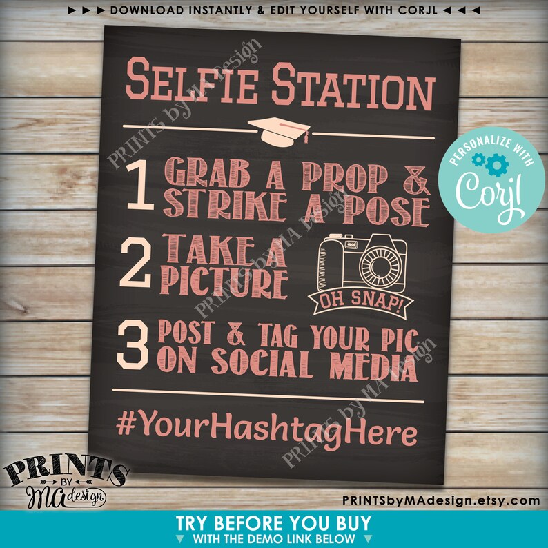 Graduation Selfie Station Hashtag Sign PRINTABLE 8x10/16x20 - Etsy