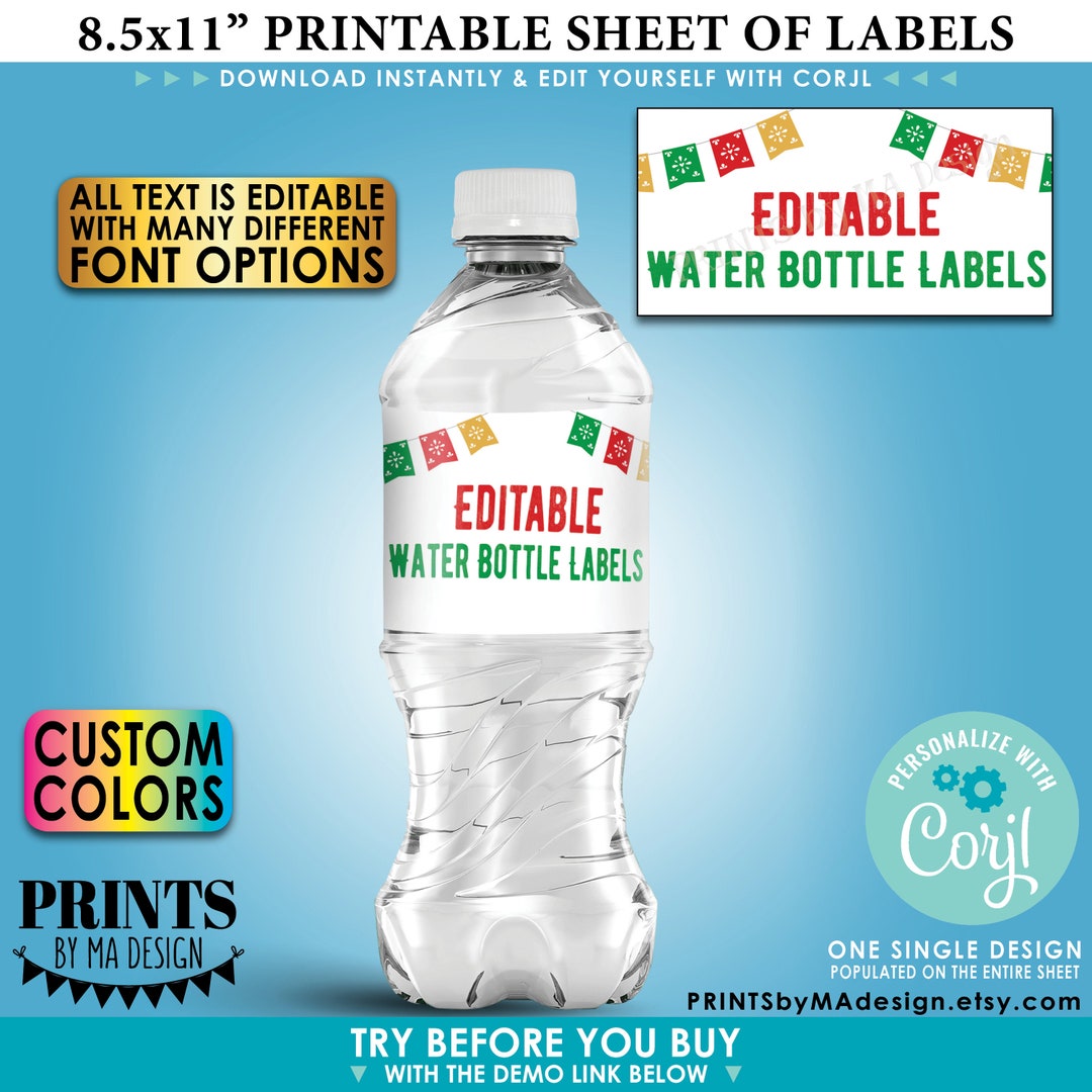 Fiesta Themed Water Bottle Labels, Bunting Flags, Custom DIY PRINTABLE ...