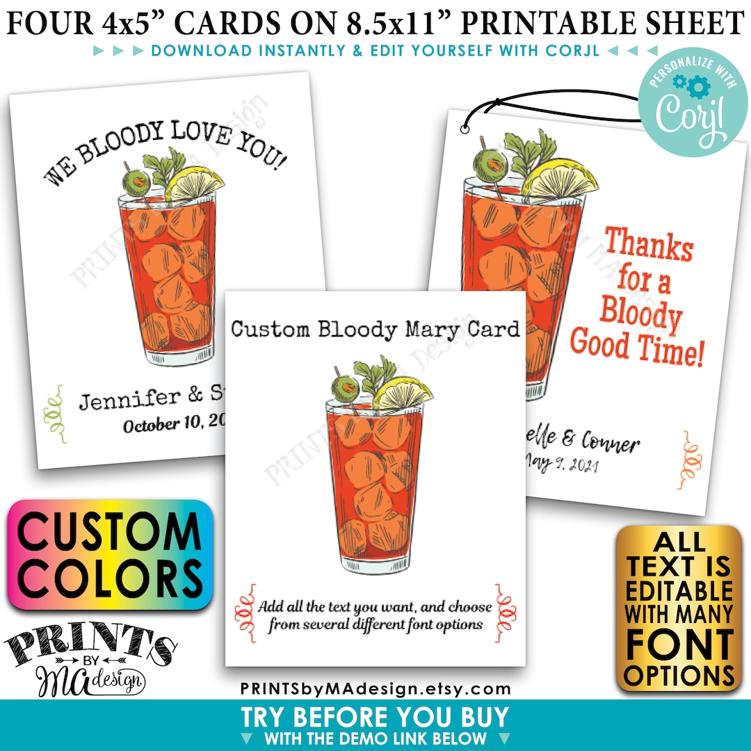 Bloody Mary Tags or Cards, Bloody Mary Drink Favor, PRINTABLE 8.5x11 ...