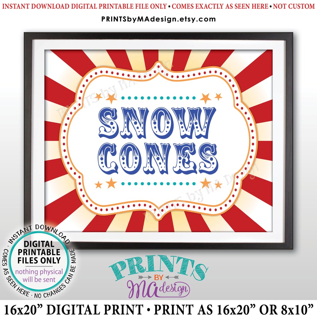Carnival Snow Cones Sign, Circus Snow Cones Station, Food, Birthday ...